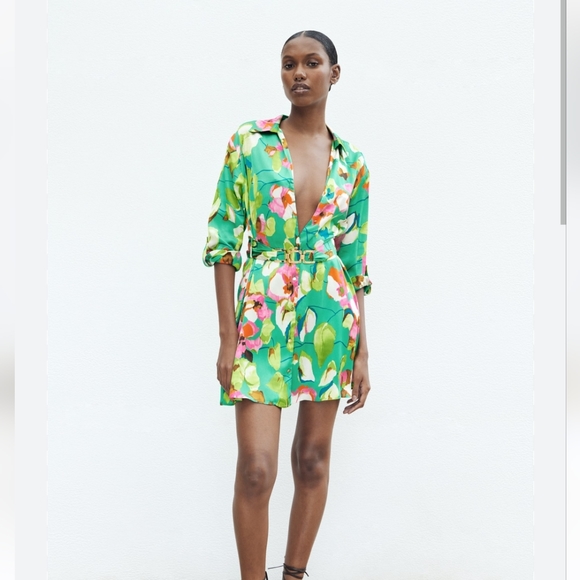 Zara | Dresses | Zara Green Floral Printed Belted Mini Dress | Poshmark